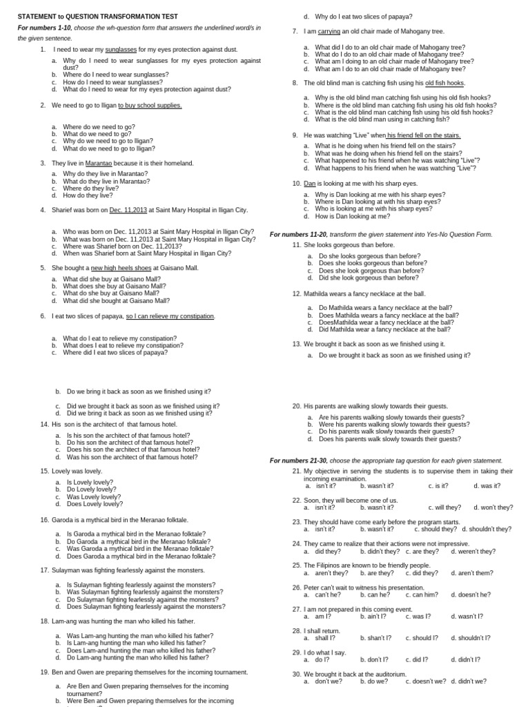 Statement to Question Transformation Test | PDF