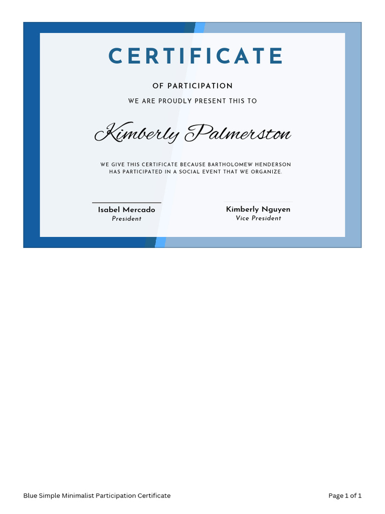 Blue Simple Minimalist Participation Certificate | PDF