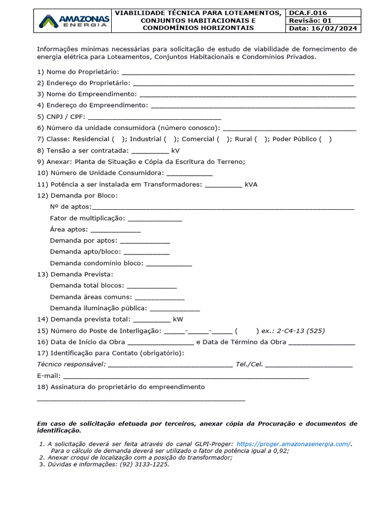 DCA.F.016 - Formulário de Viab. Téc. Loteamento, Conj. Habitacionais e Cond. Horizontais | PDF ...