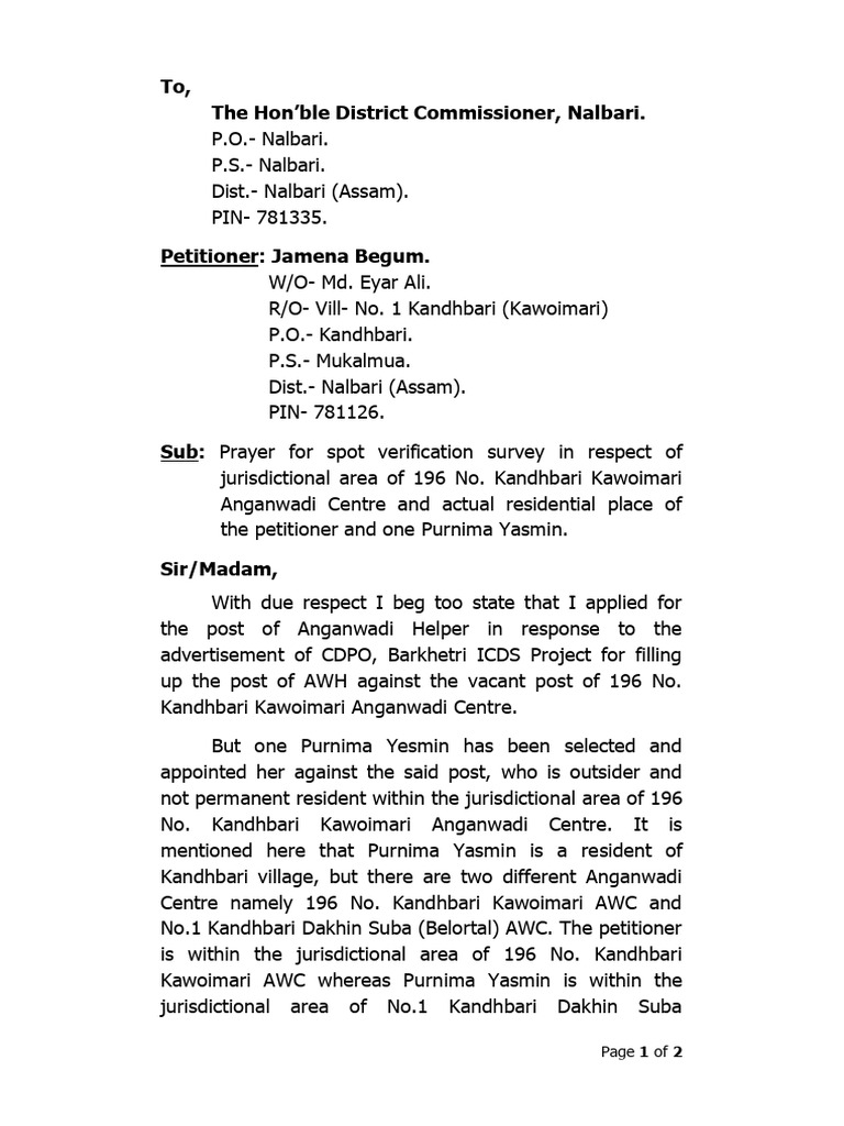 Application To District Commissioner For Spot Verification | PDF