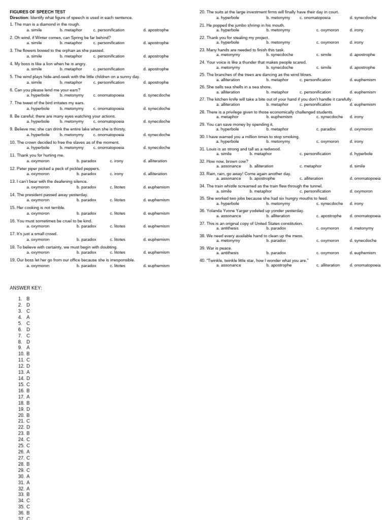 Figures of Speech Identification Test | PDF | Metaphor | Semiotics