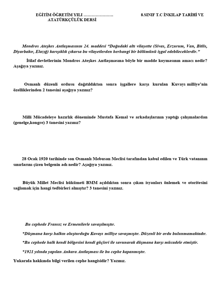 2024-2025 İNKILAP TARİHİ 1.DÖNEM 2. YAZILI - Kopya | PDF