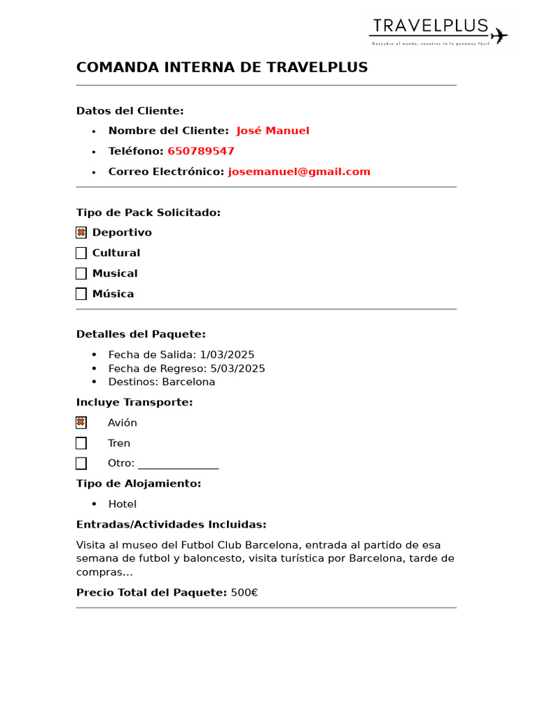 Comanda Interna de Travelplus | PDF