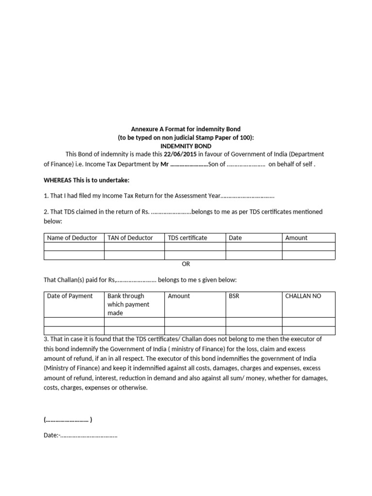 Indemnity Bond Format for Income Tax | PDF