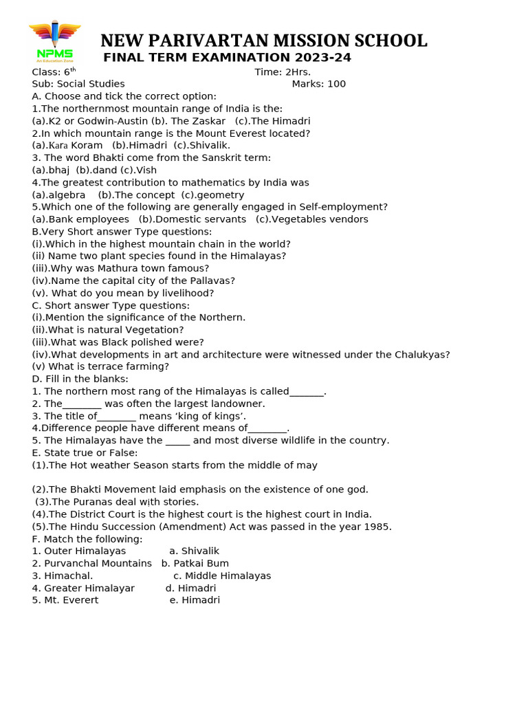 Class 6th SST Third Term | PDF