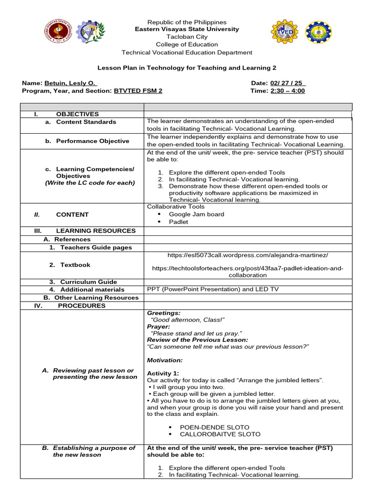 TTL 2 (Lesson Plan Final) | PDF | Collaboration | Learning