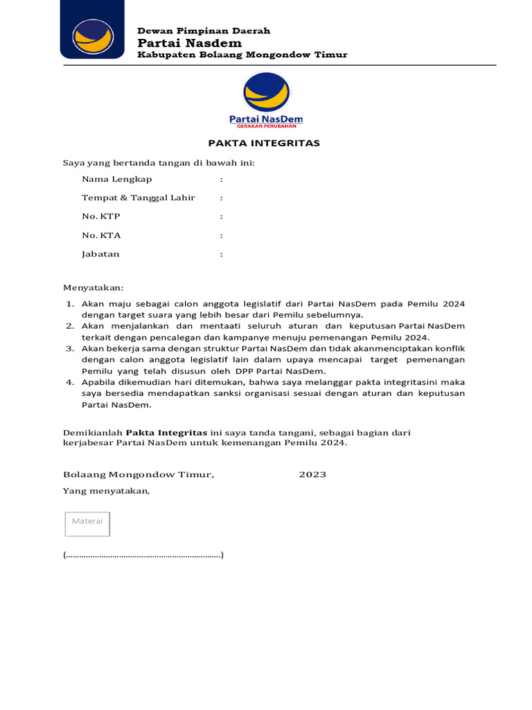 Pakta Integritas | PDF