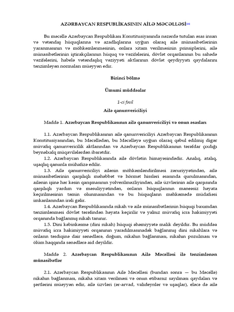 Aze CC 55 01 Law 1999 Aze Family Code | PDF