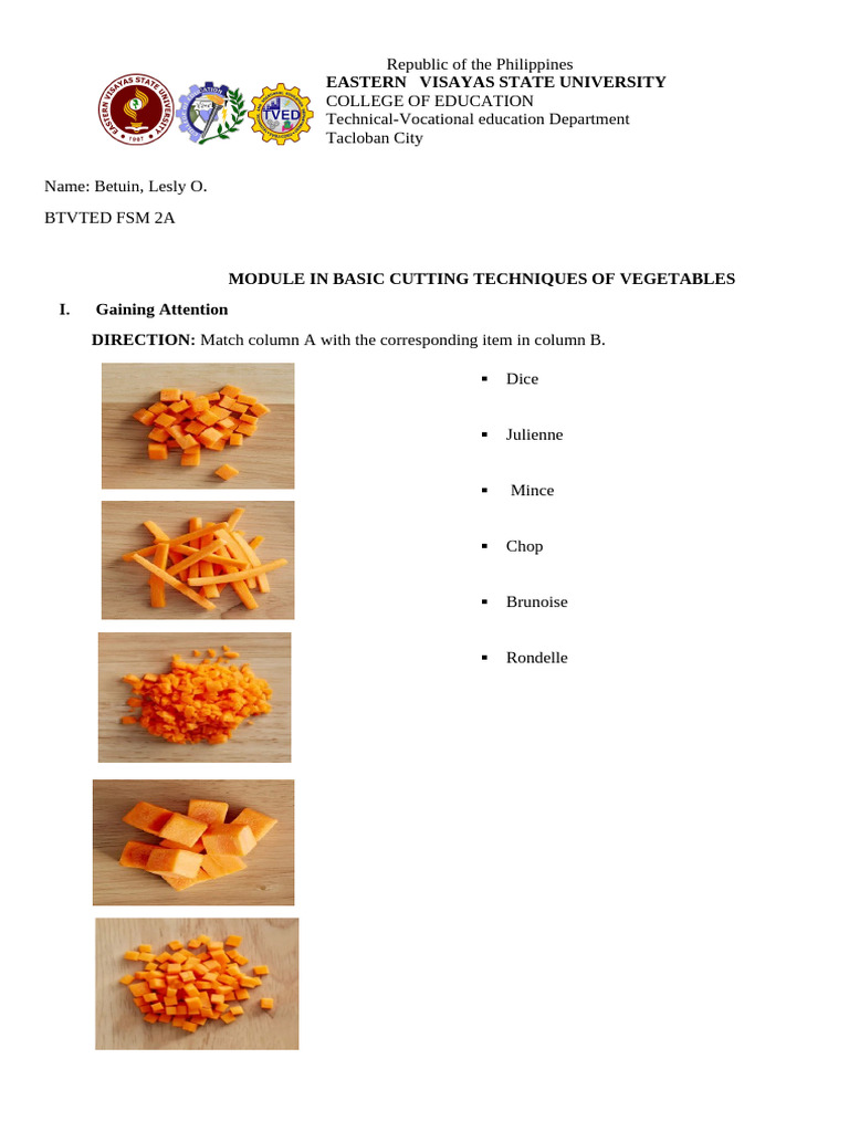 Module in Basic Cutting Techniques of Vegetables | PDF | Knife | Foods