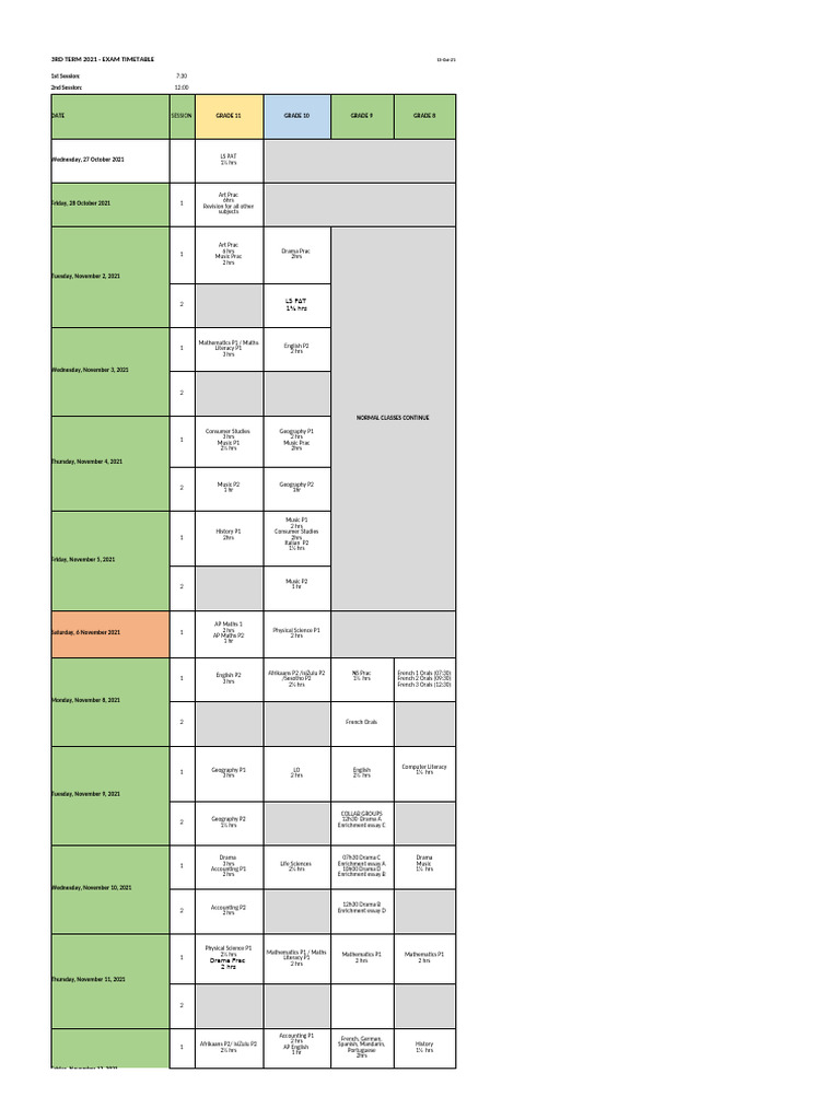 Grade 11 Exam Timetable 2021 | PDF | Educational Stages | Secondary ...