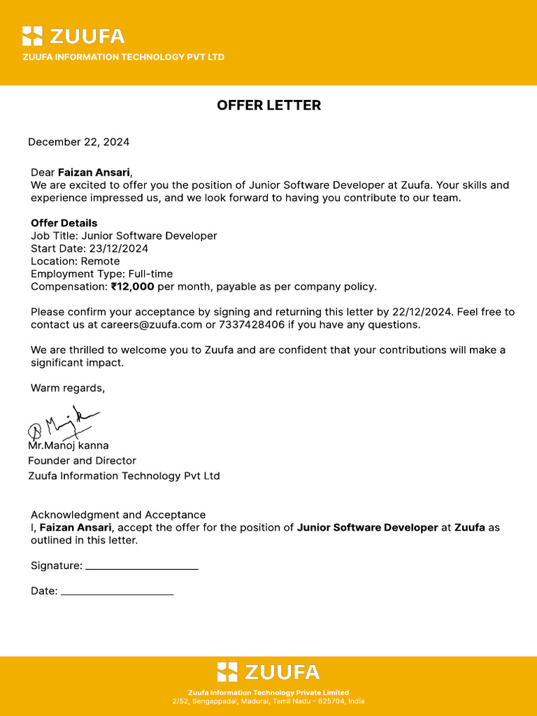 Faizan Ansari - Offer Letter | PDF