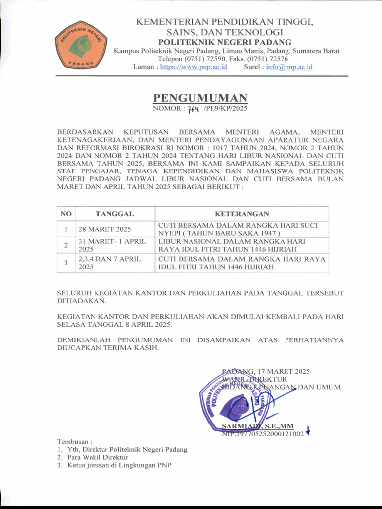 Pengumuman Cuti Bersama Dan Libur Nasional Dalam Rangka Hari Raya Idul ...