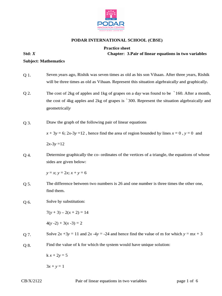QP - PS - CBSE - X - Math - 3.pair of Linear Equations in Two Variables | PDF | Equations ...