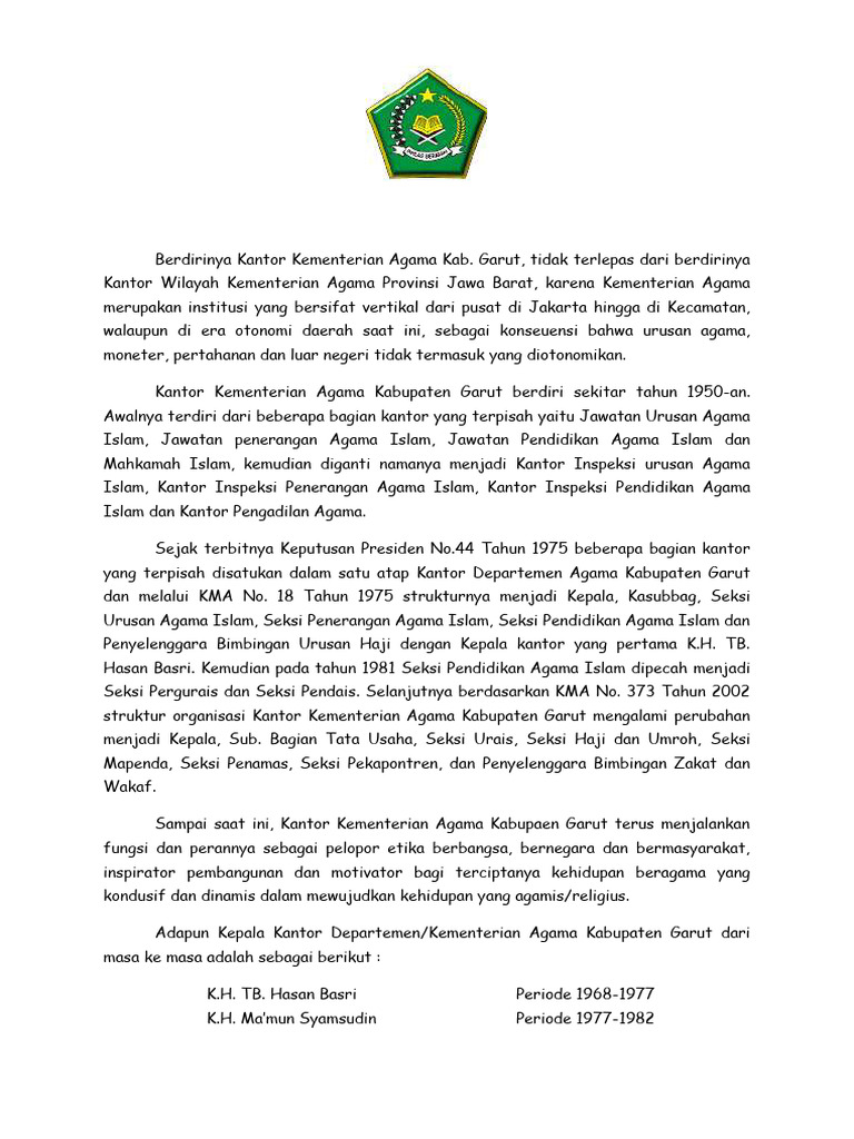 Sejarah Kemenag Kabupaten Garut | PDF