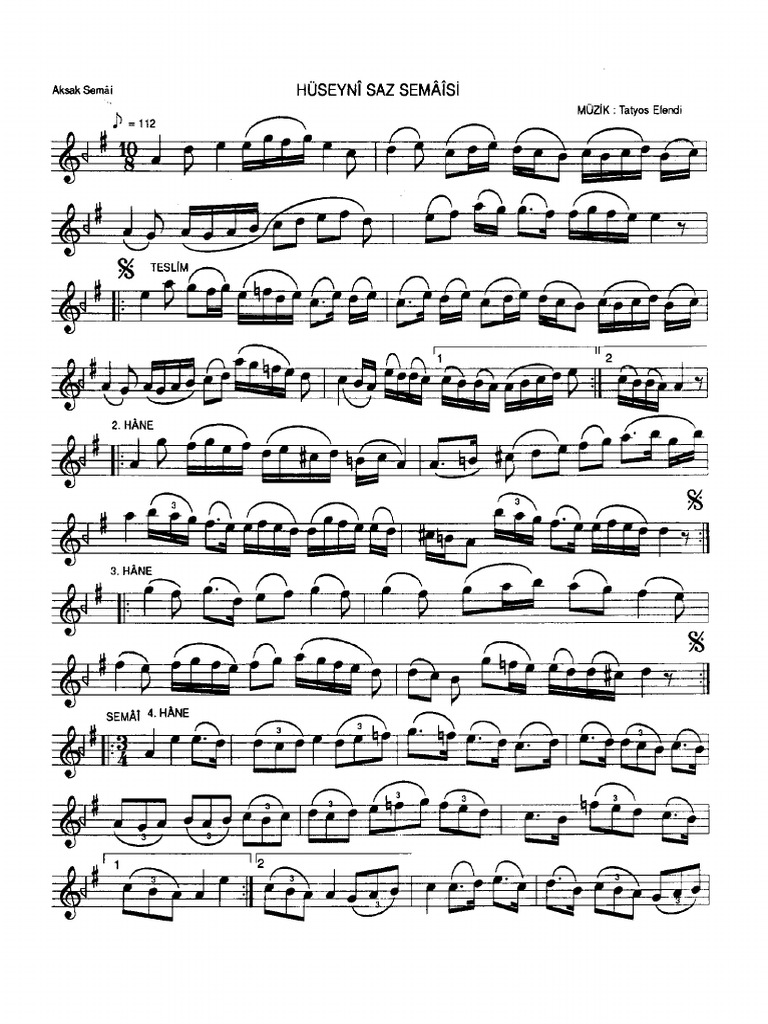Saz Semaisi - Tatyos Efendi - Hüseyni - v1 | PDF
