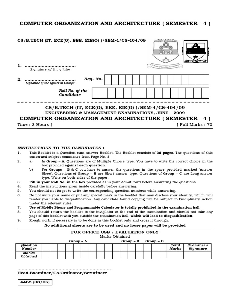 btech-eie-4-sem-computer-organization-and-architecture-2009 | PDF | Bit | Integrated Circuit