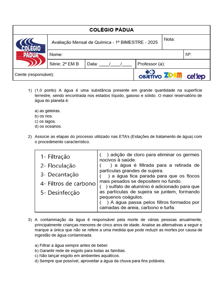 2Âº EM B - PROVA MENSAL DE QUÃ MICA - 1Âº BIMESTRE - 2025 (1) 2 | PDF ...