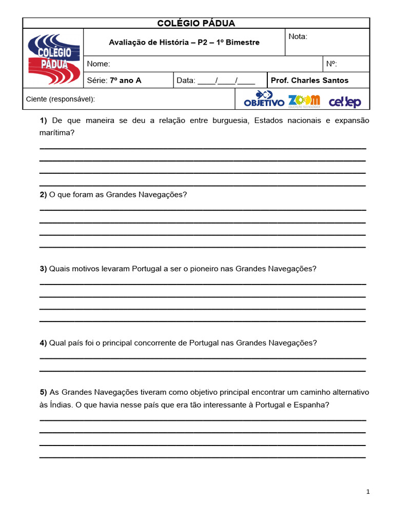 7Âº ano A HIST AvaliaÃ§Ã£o P2 - 2025 | PDF | Era dos Descobrimentos | Europa