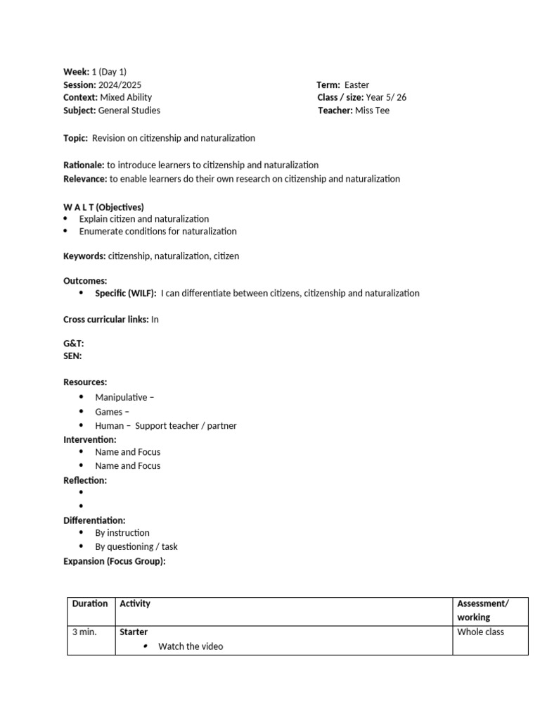 Citizenship and Naturalization Lesson Plan | PDF | Naturalization ...