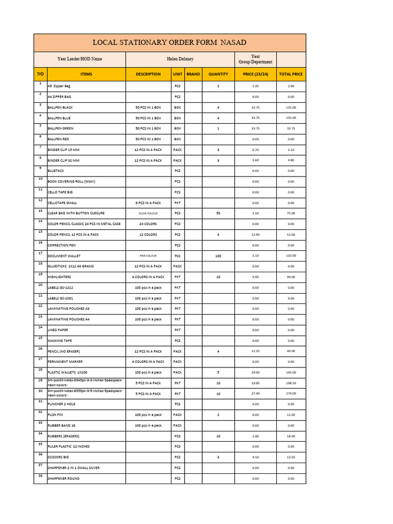 Local Stationary Order Form 2024 | PDF | Stationery | Writing Implements