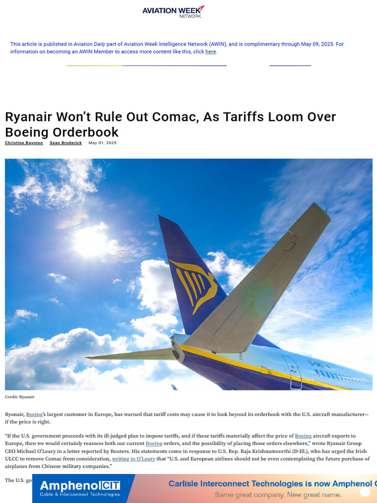 Ryanair Won't Rule Out Comac, As Tariffs Loom Over Boeing Orderbook ...