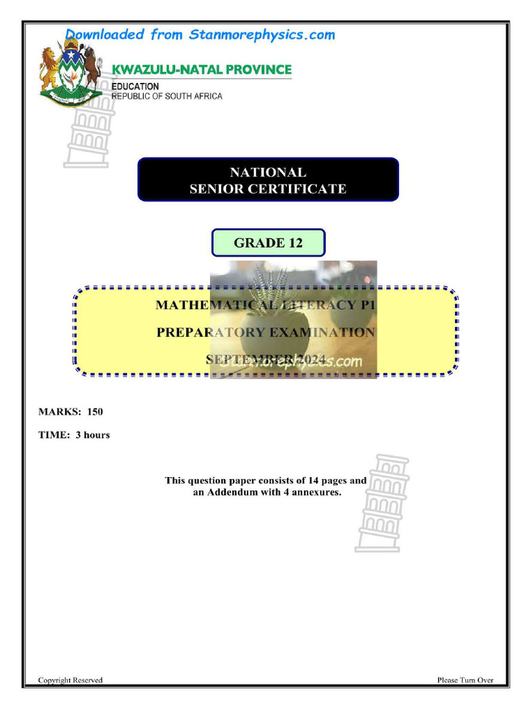 KZN Maths Literacy Grade 12 September 2024 P1 and Memo | PDF
