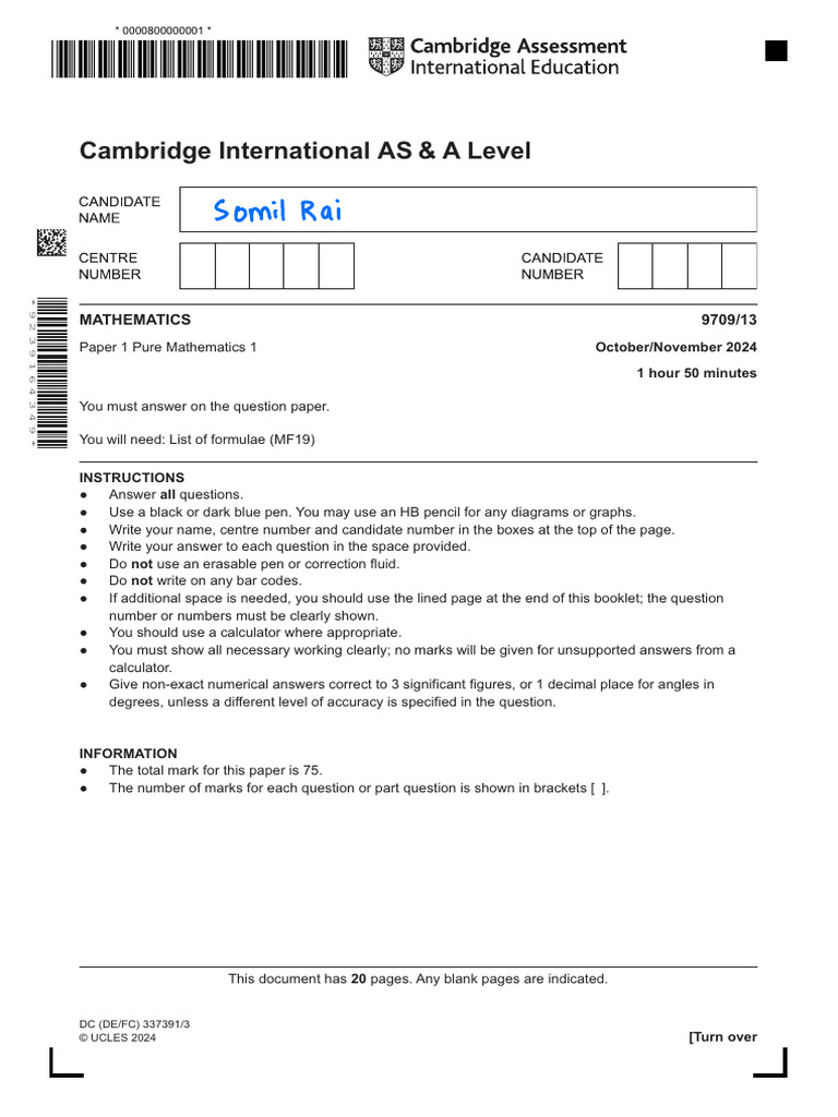 Pure Mathematics 1 Exam Paper 9709/13 | PDF | Mathematics ...