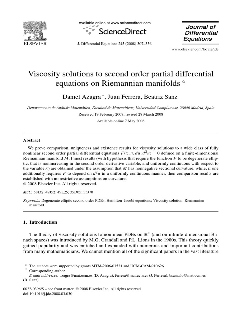 Viscosity Solutions on Riemannian Manifolds | PDF | Mathematical ...