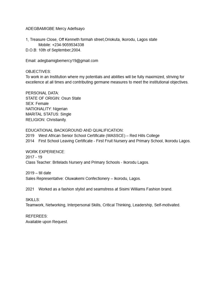 Mercy Adegbamigbe Curriculum Vitae | PDF