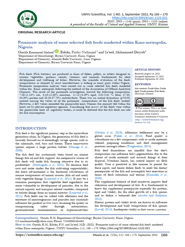 Proximate Analysis of Some Selected Fish Feeds Mar | PDF