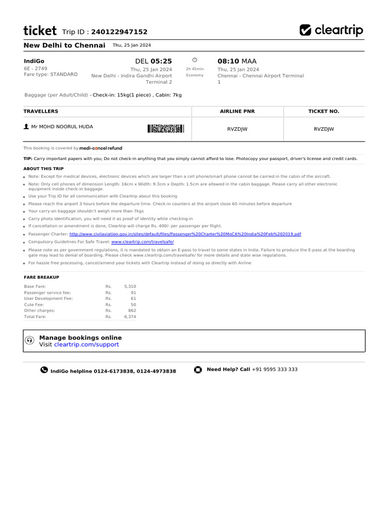 Cleartrip Flight Domestic E-Ticket | PDF | Aviation