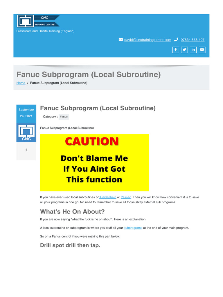 Fanuc Subprogram (Local Subroutine) - CNC Training Centre | PDF ...