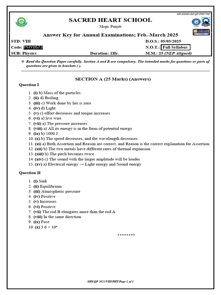 Physics - Answer Key | PDF