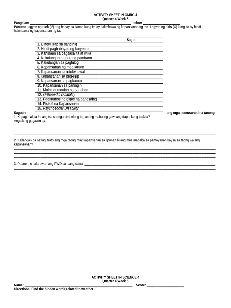 ACTIVITY SHEET IN GMRC 4 Huwebes | PDF | Meteorology