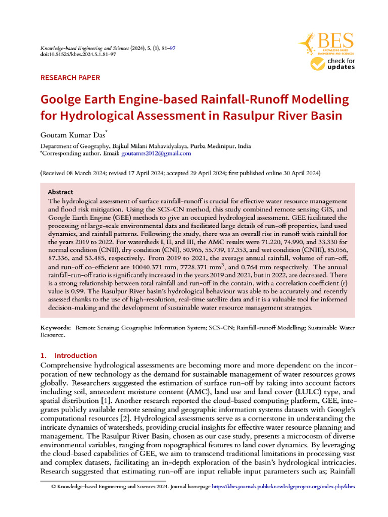 Goolge Earth Engine-Based Rainfall-Runoff Modelling For Hydrological Assessment in Rasulpur ...