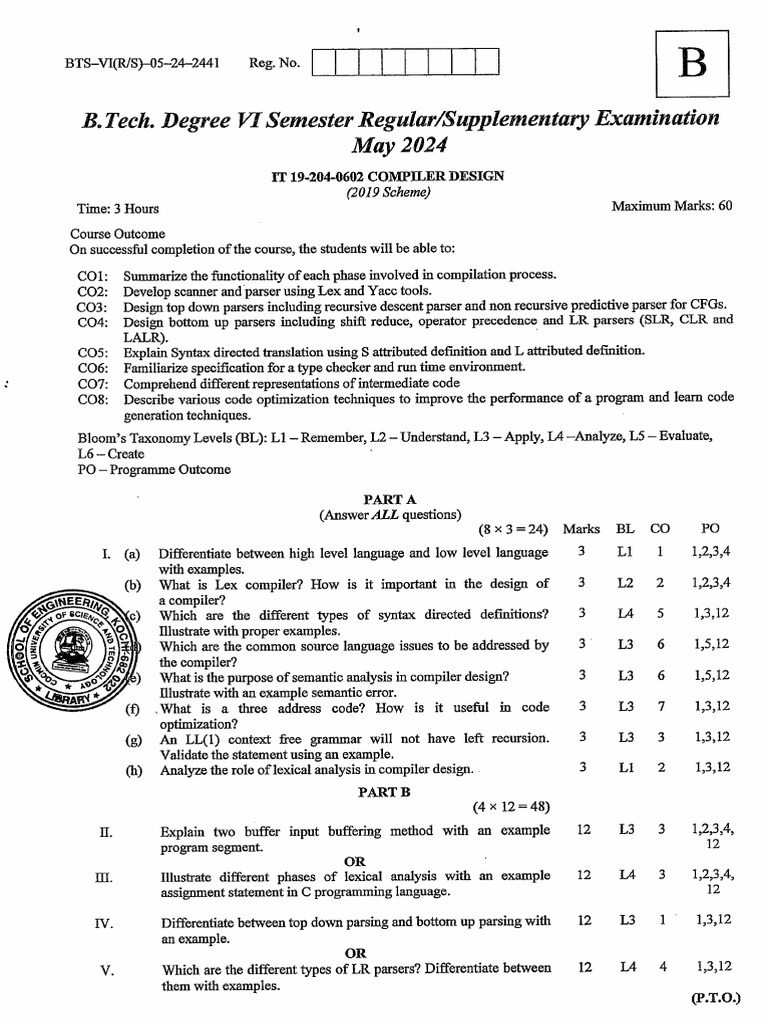 Compiler Design 2024 May (2019 Ad.) PDF | PDF