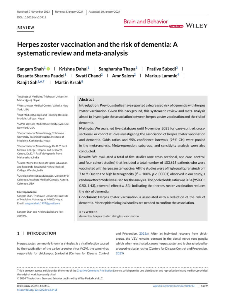 Herpes Zoster Vaccination and The Risk of Dementia - A Systematic ...