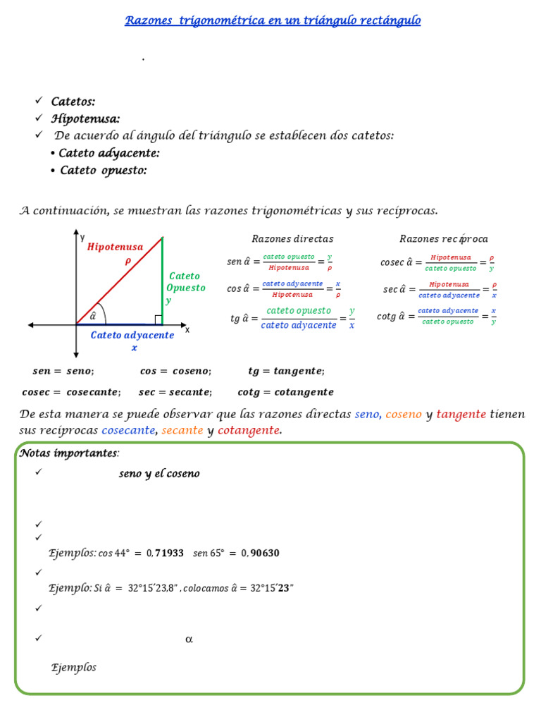 Razones Trigonométrica en Un Triángulo Rectángulo | PDF | Funciones trigonométricas | Trigonometría