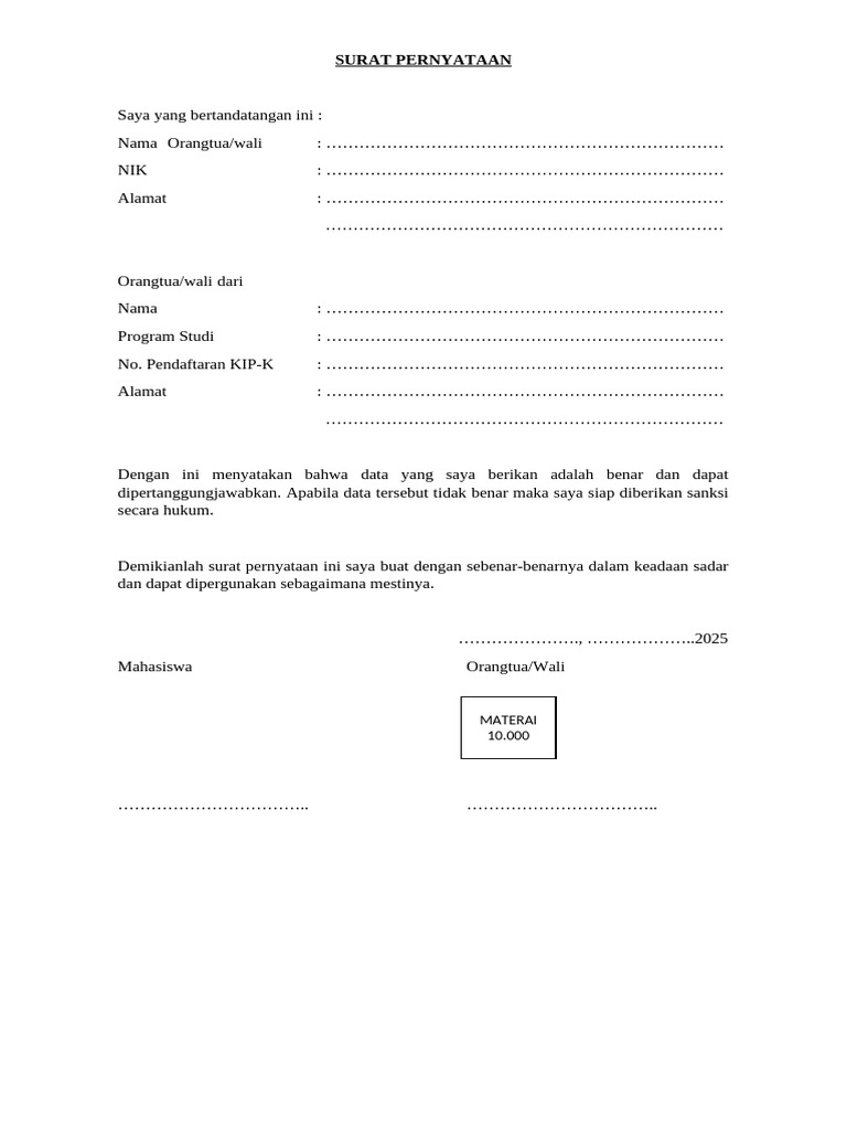 Surat Pernyataan Kip Kuliah Tahun 2025 | PDF