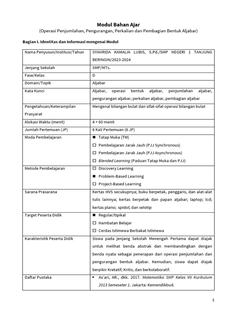 2 Modul Ajar Matematika Kelas 7 - Aljabar (WWW - Kherysuryawan.id) | PDF