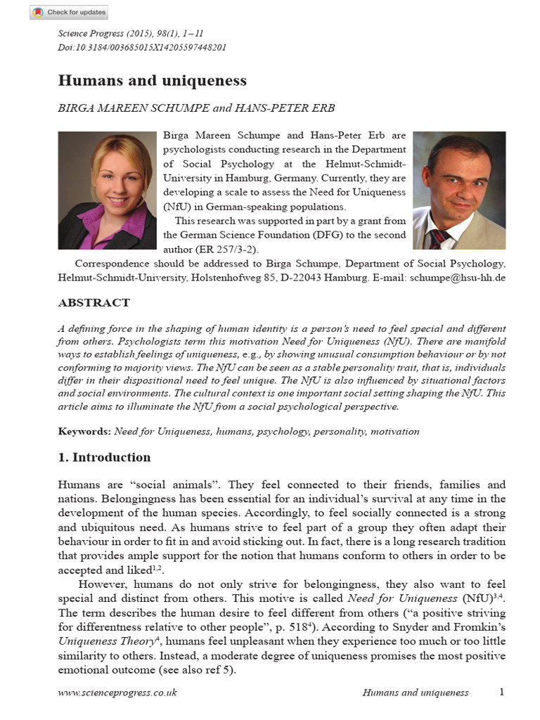 Schumpe Erb 2015 Humans and Uniqueness | PDF | Social Psychology | Behavioural Sciences