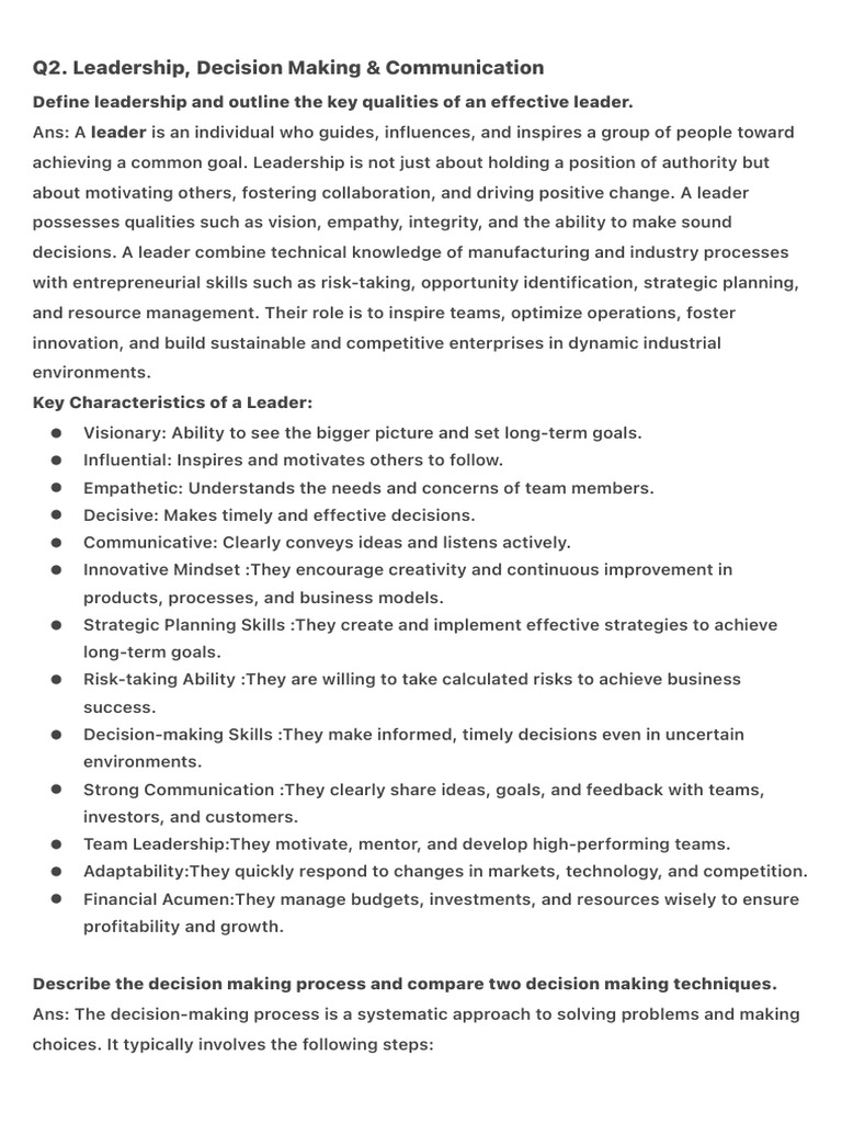Leadership, Decision Making & Communication Guide | PDF | Piece Work ...