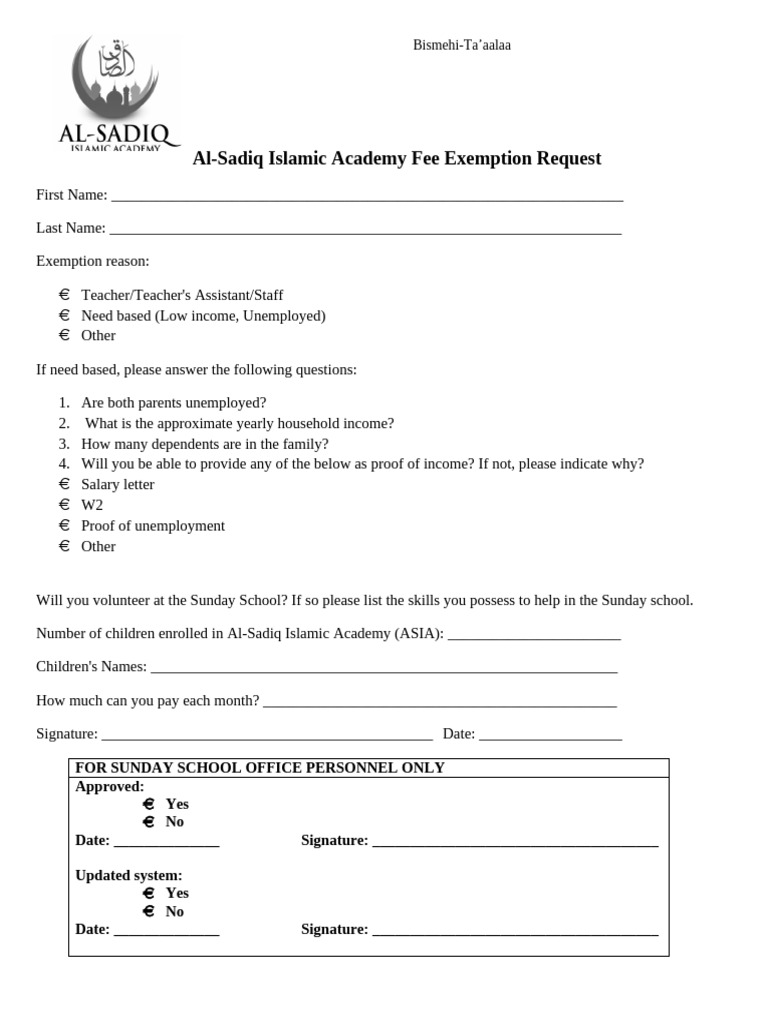 Xiec Sunday School Fee Exemption Request 2020-2021 | PDF