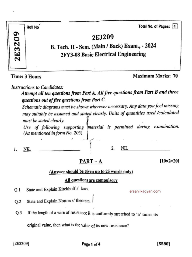 Btech 2 Sem Basic Electrical Engineering 2e3209 2024 | PDF