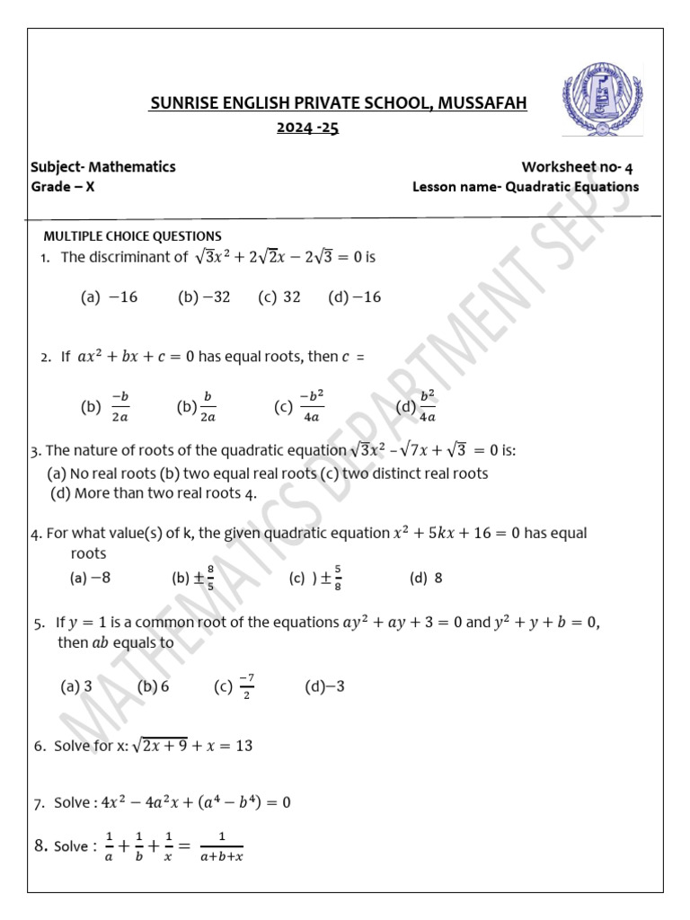 Quadratic Eqns Worksheet 2024-25 | PDF | Quadratic Equation | Mathematics