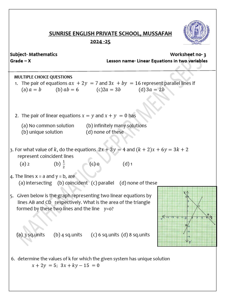 Linear Eqns Worksheet 2024-25 | PDF | Equations | System Of Linear Equations