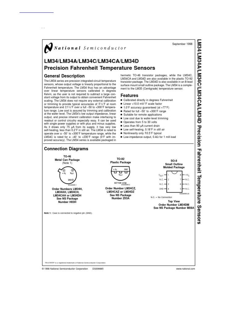 LM34/LM34A/LM34C/LM34CA/LM34D Precision Fahrenheit Temperature Sensors ...