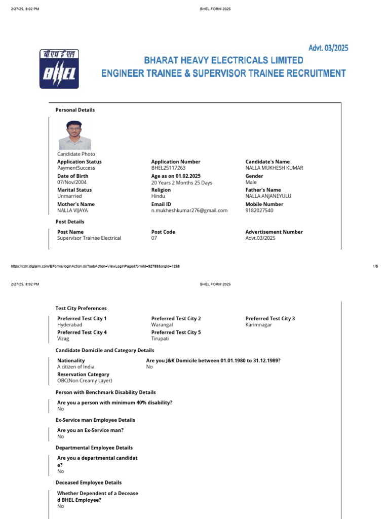 Bhel Form 2025 Supervisor Trainee | PDF