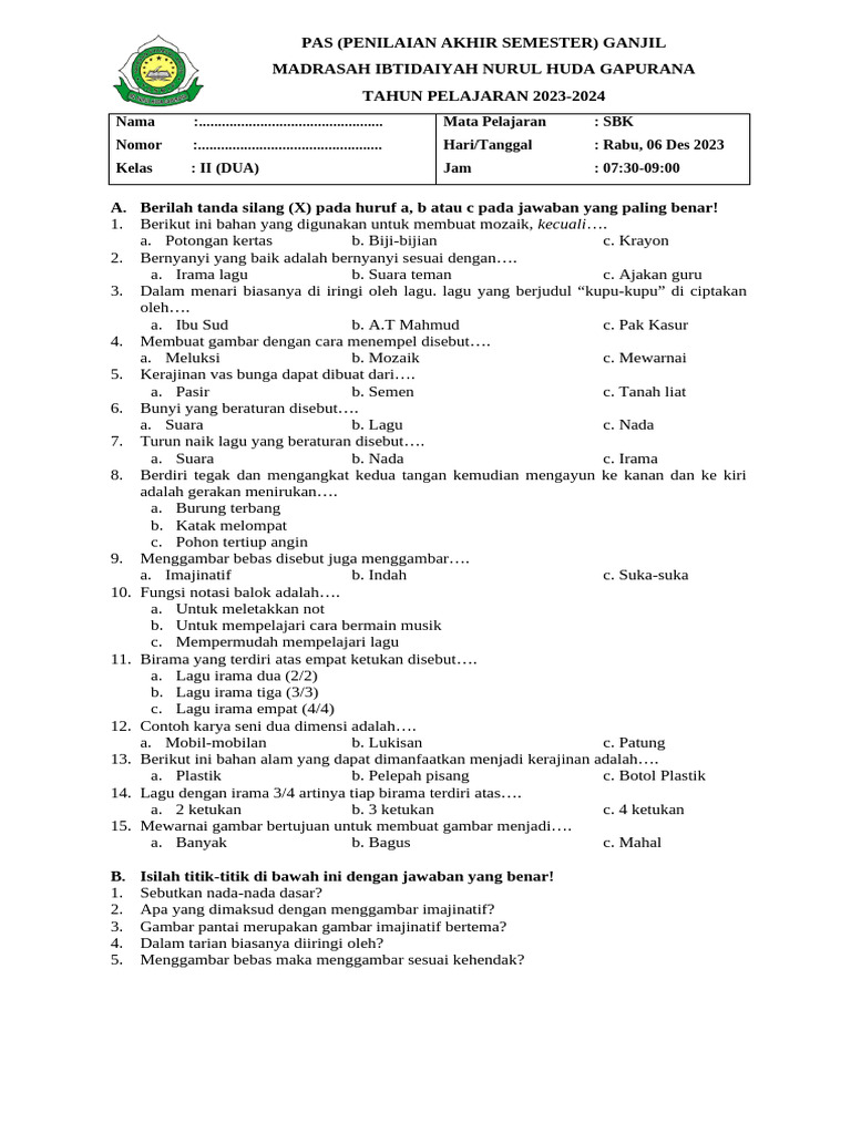 PAS SBK Kelas II MI Nurul Huda 2023 | PDF