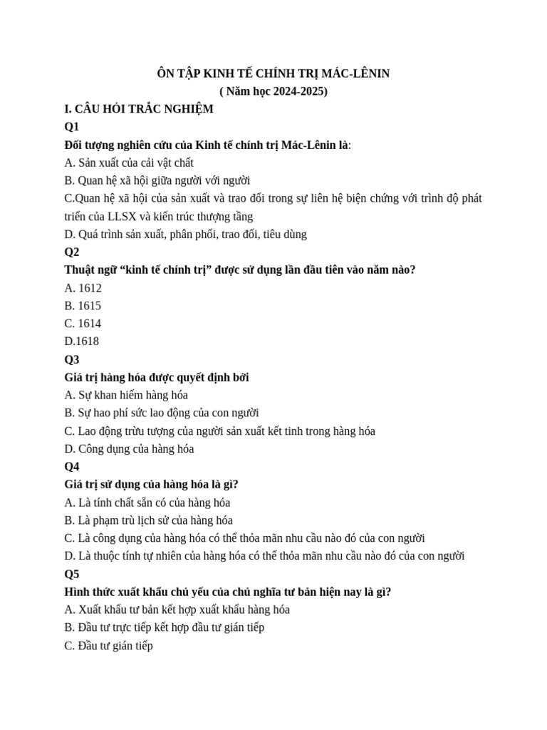 ôn tập KTCT 2024-2025 | PDF